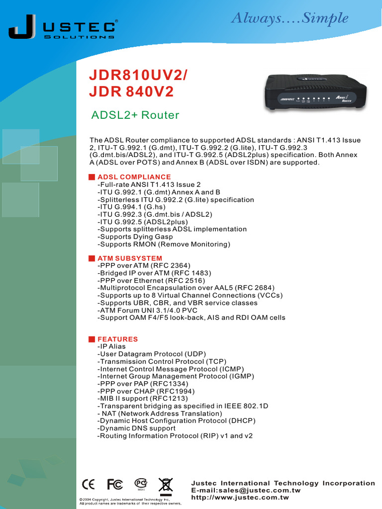 JDR810UV2/ JDR 840V2: ADSL2+ Router | PDF | Computer Network | Computer ...