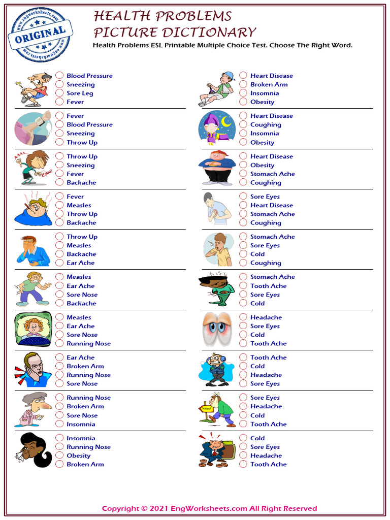 Health Problems Esl Printable Multiple Choice Test Choose The Right ...
