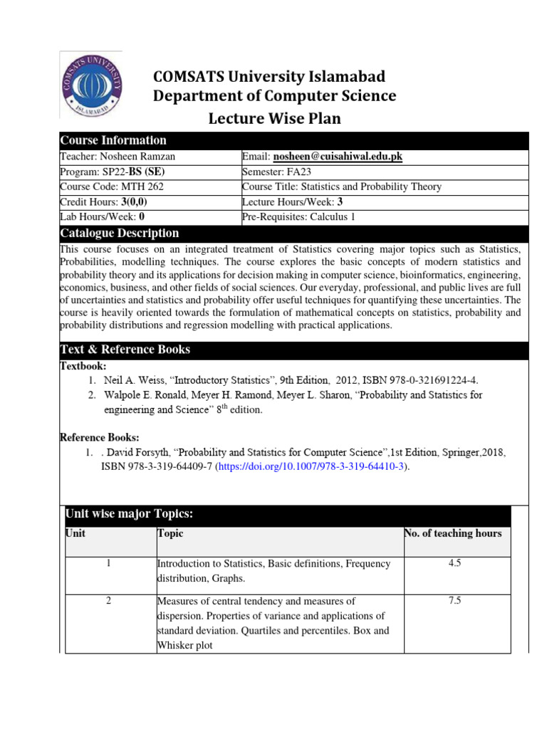 Lecture Wise Plane SPT F | PDF | Probability Distribution | Random Variable