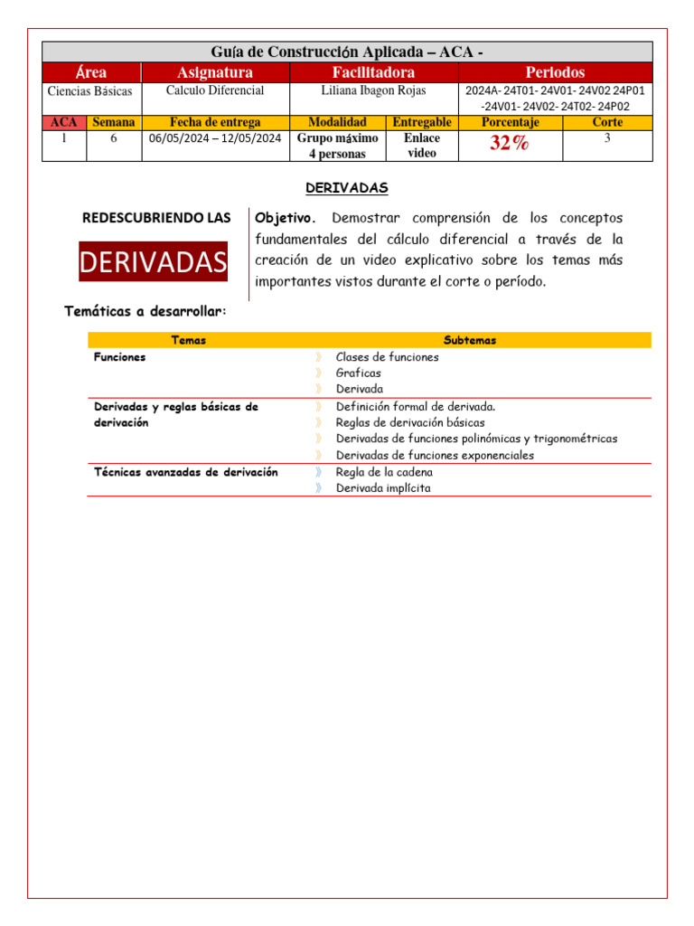 Guia ACA Cálculo Diferencial Abril | PDF | Derivado | Calculo diferencial