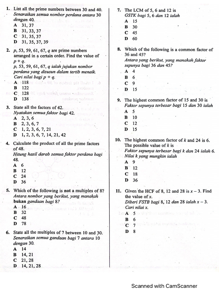Form 1 Maths Factors&Multiples | PDF