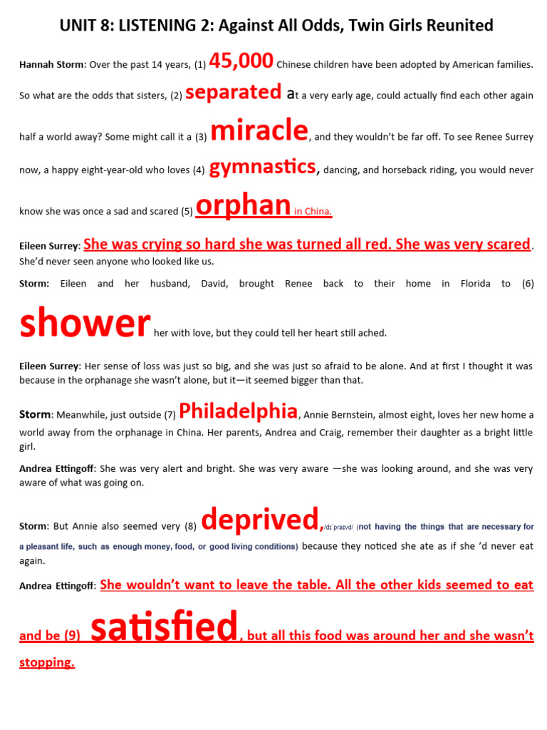 UNIT 8-LIS 2 - Twin Girls Reunited-Key | PDF