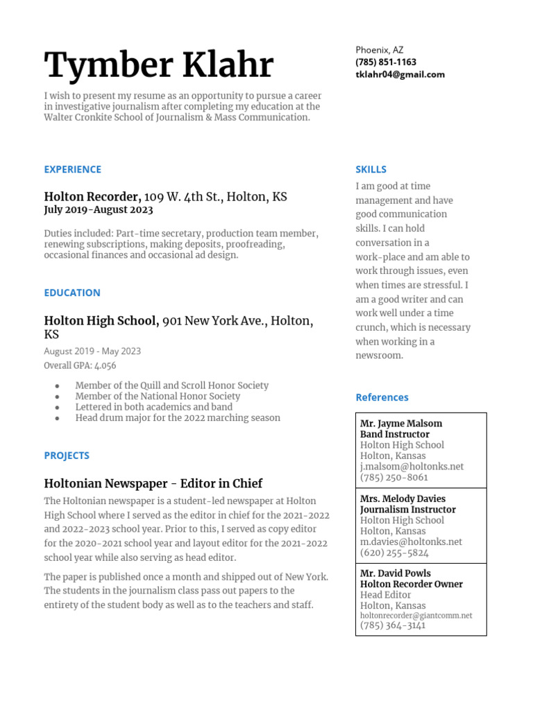 Tymber Klahr Resume | PDF | Journalism | Mass Media