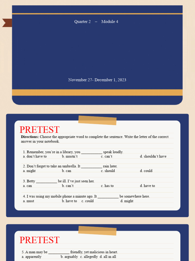 English Grammar Pretest | PDF | Adverb | Verb