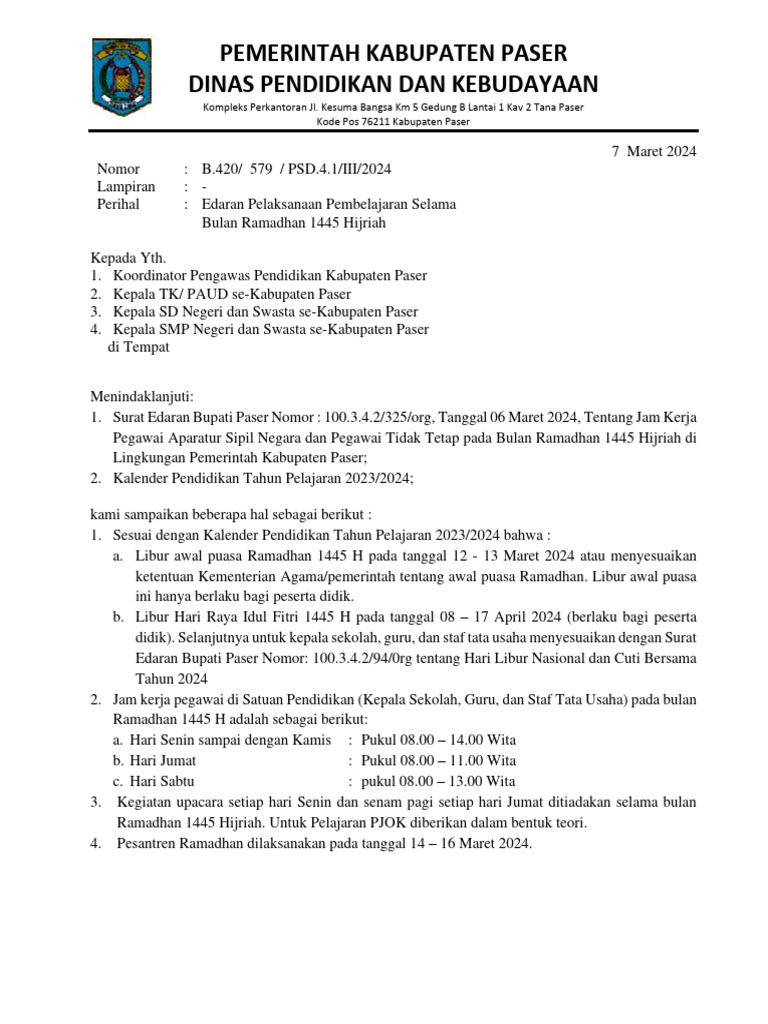 Surat Edaran Ramadhan 2024 N | PDF