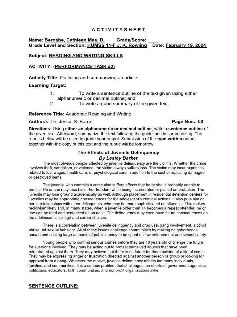 HUMSS 11-F Reading Task | PDF | Juvenile Delinquency | Crimes