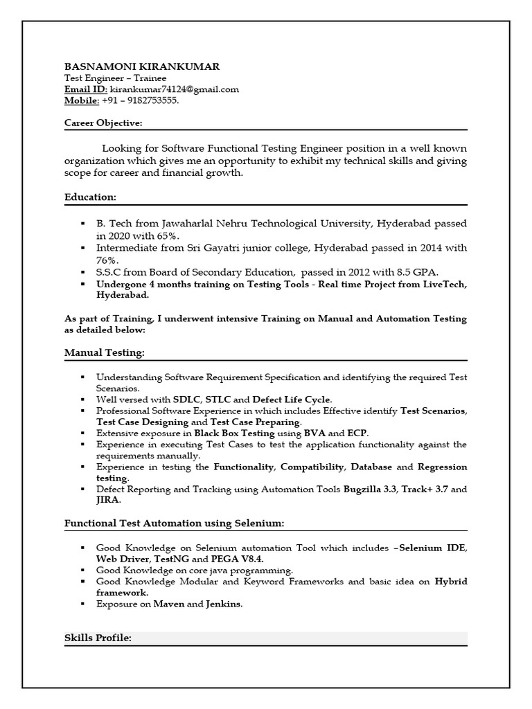 Java Selenium Fresher Resume01 | PDF | Selenium (Software) | Software ...