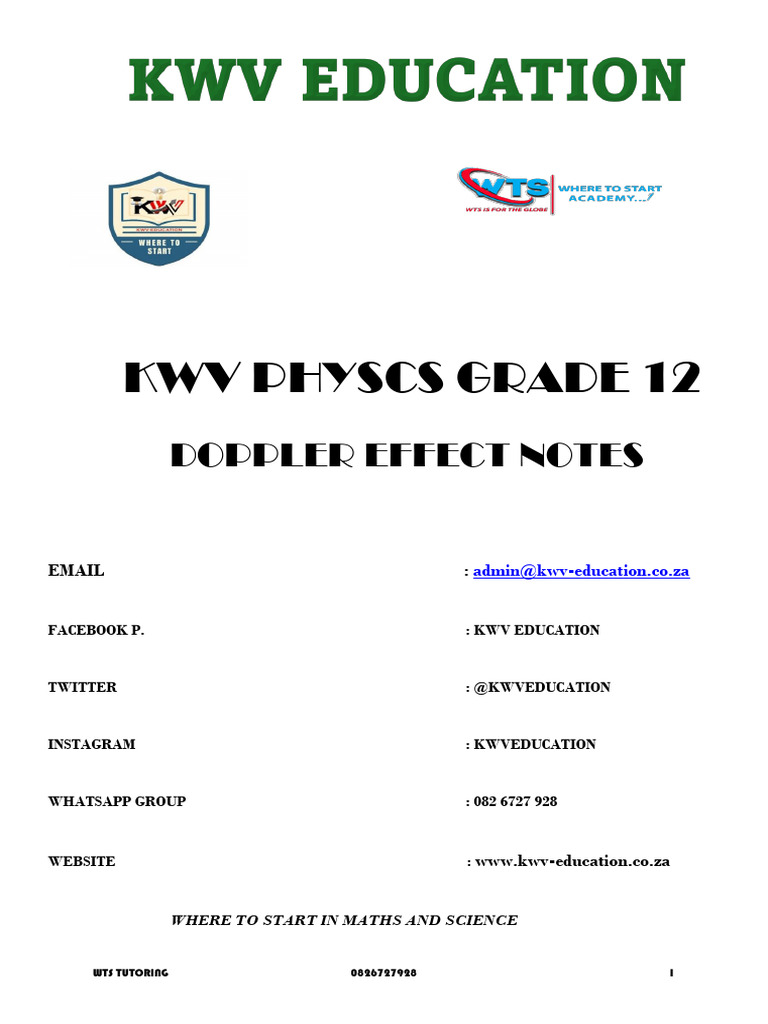 KWV 12 Physcs Doppler Effect Notes | PDF | Waves | Frequency
