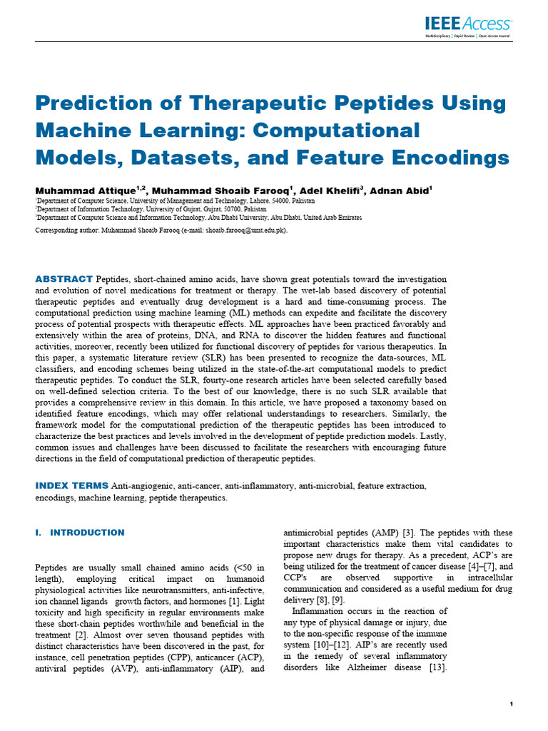 Machine Learning for Predicting Therapeutic Peptides | PDF | Machine Learning | Peptide