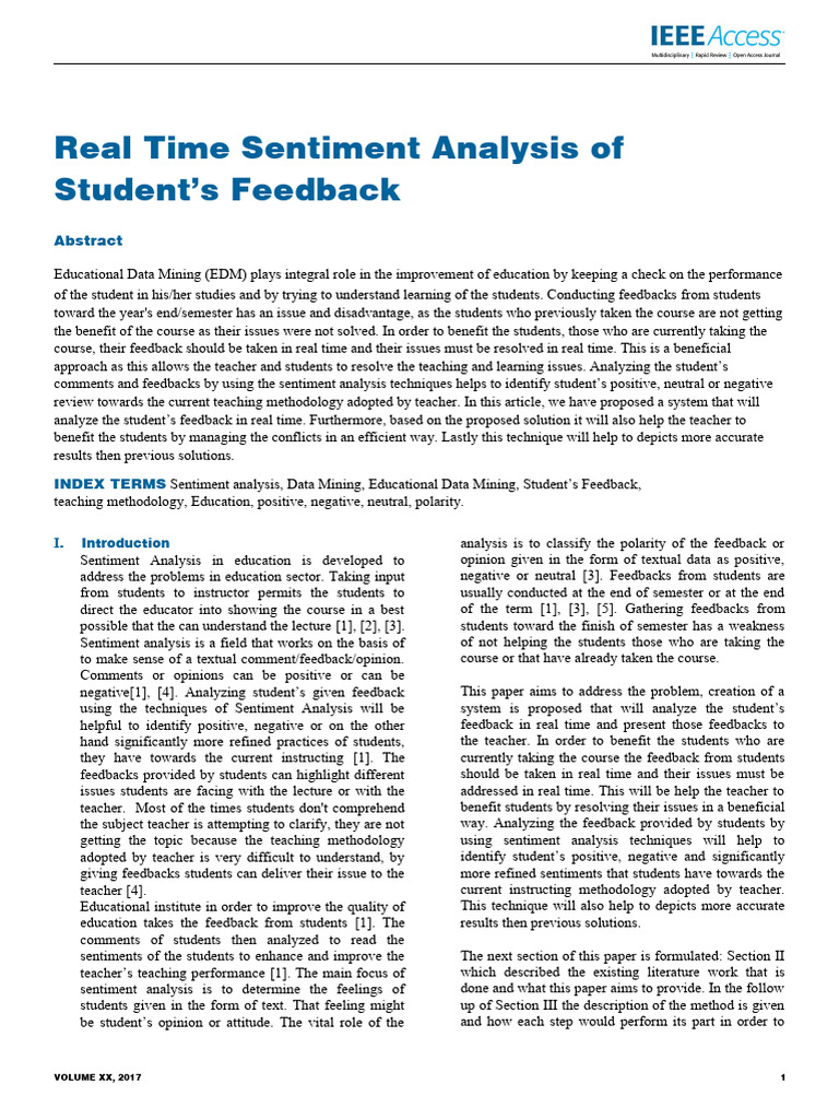 Real Time Sentiment Analysis of Student's Feedback: VOLUME XX, 2017 1 | PDF | Cognitive Science ...