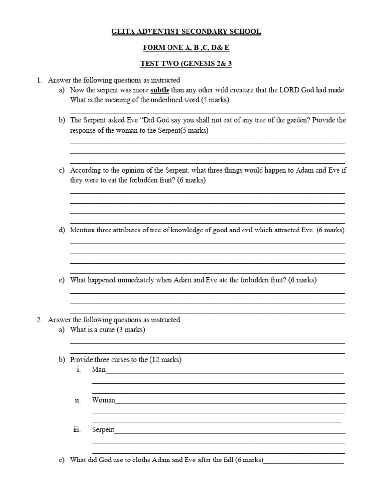 Bible Test Two | PDF | Adam And Eve | Adam
