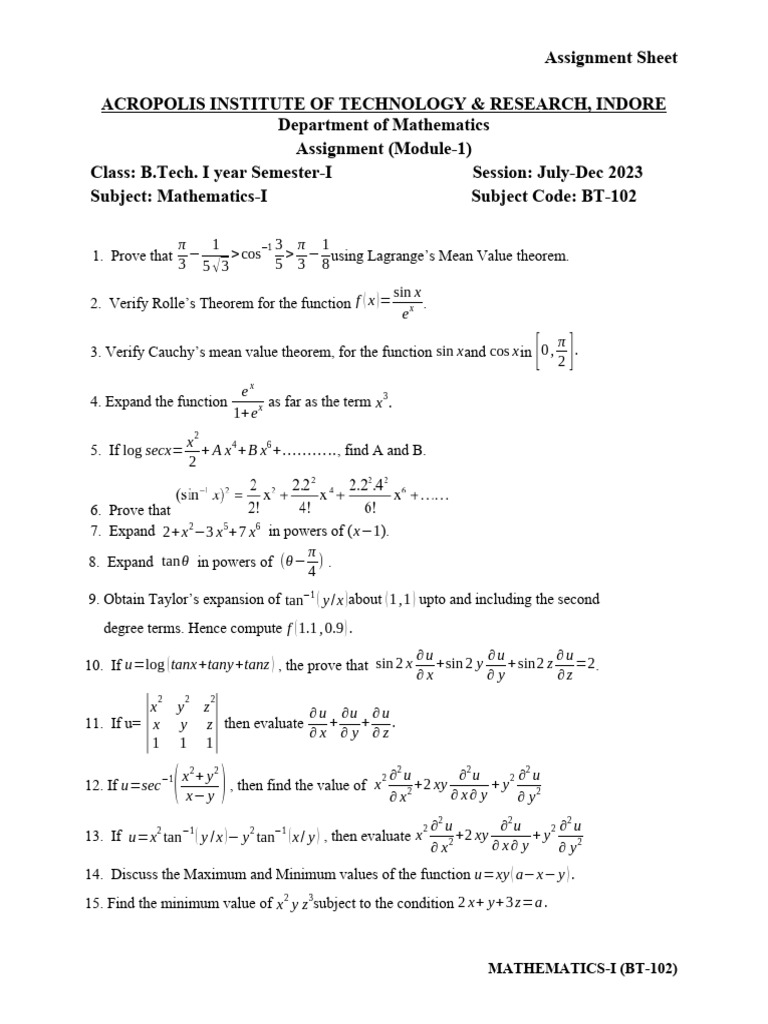 Assignment Sheet_BT 102 Mathematics I Module I | PDF | Calculus | Analysis