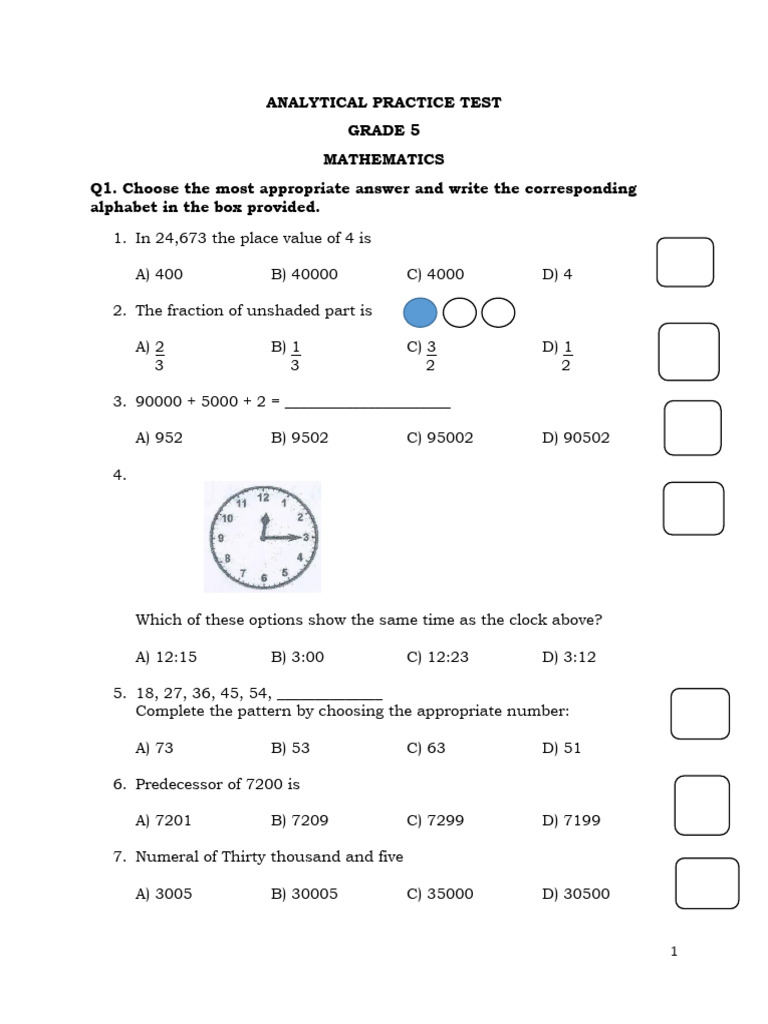 Grade 5 - Math Analytical Practice Test - Question Key | PDF | Circle ...