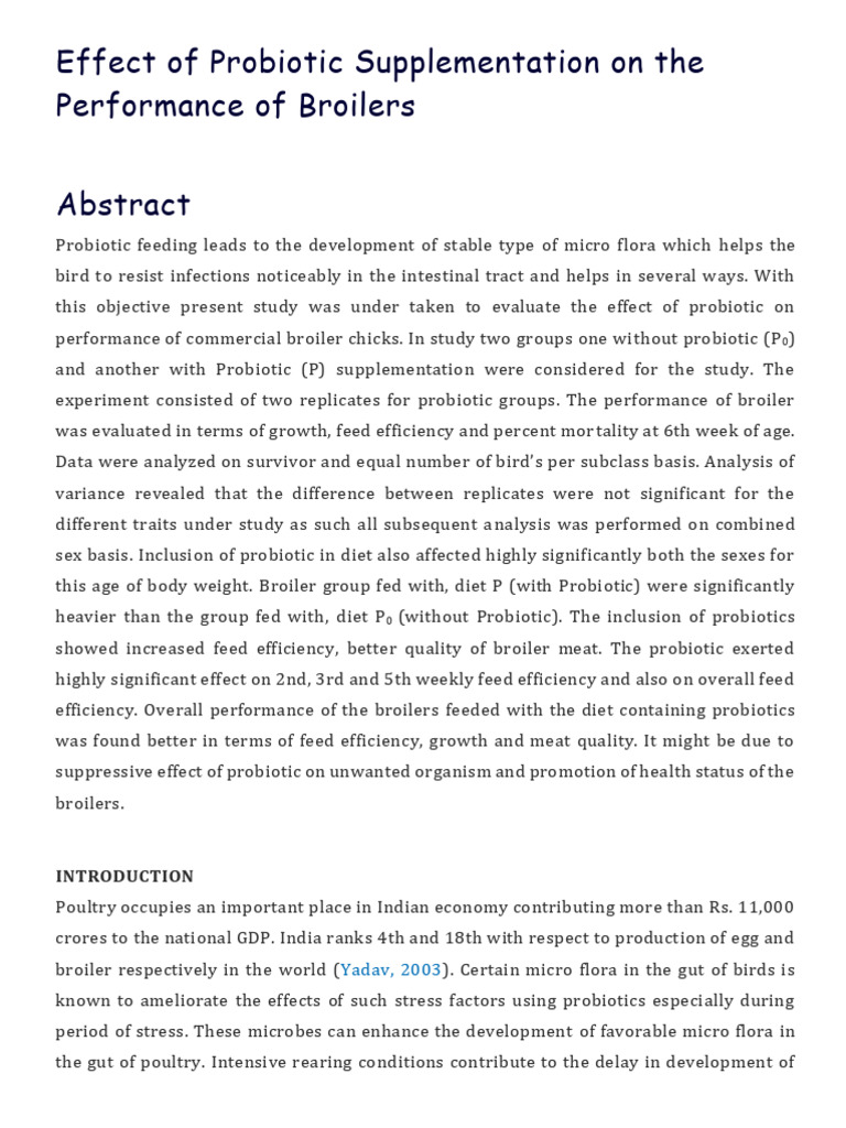 Effect of Probiotic Supplementation On The Performance of Broilers ...