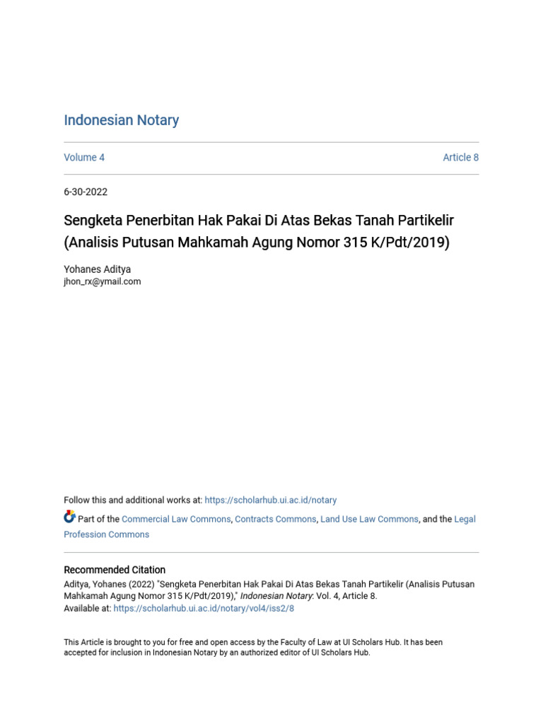 Sengketa Penerbitan Hak Pakai Di Atas Bekas Tanah Partikelir (An | PDF