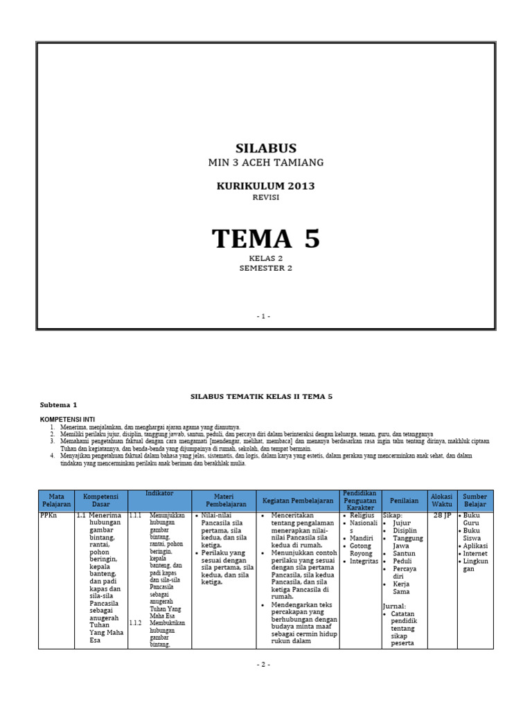 Silabus Kelas 2 Tema 5 Dan 6 | PDF