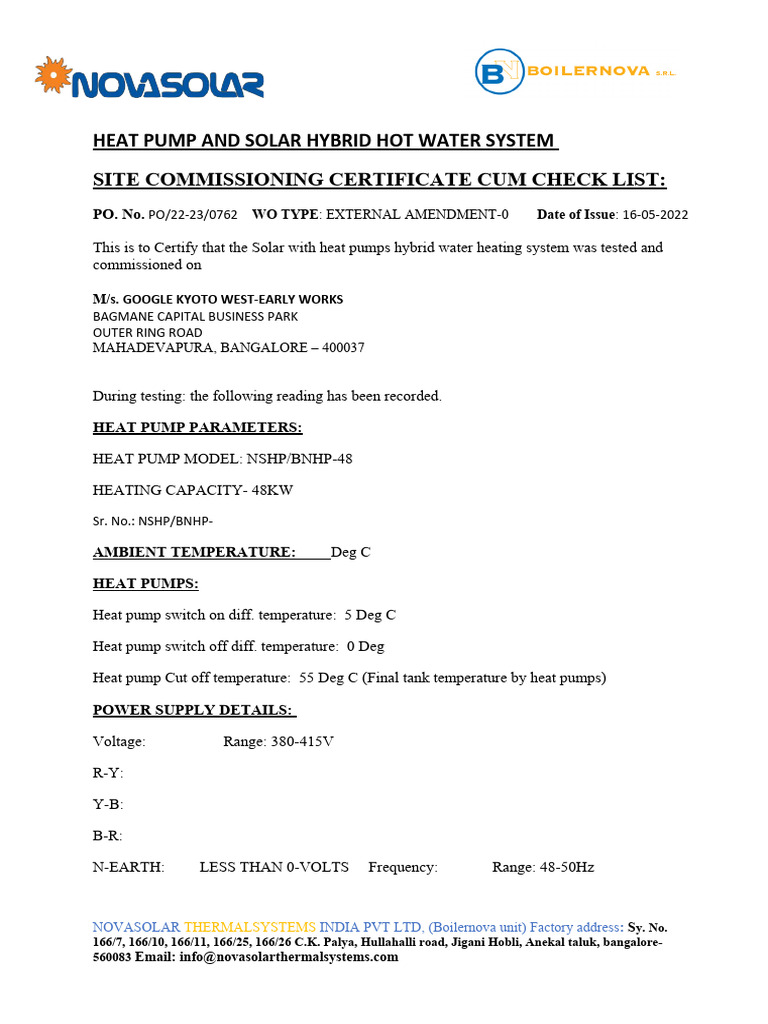 Commissioning Testing Certificate | Download Free PDF | Water Heating ...