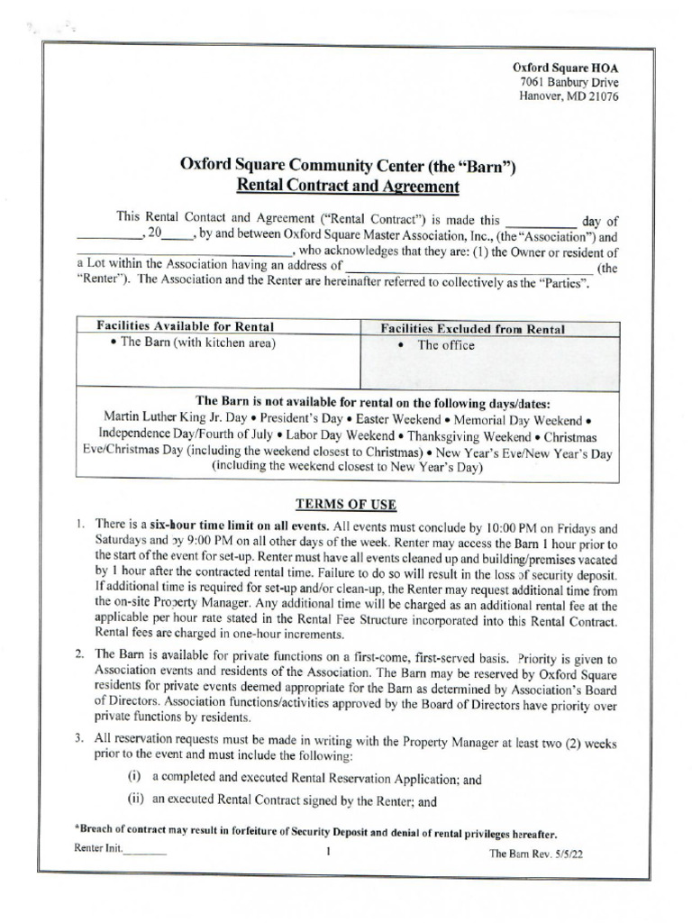 Oxford Square Master HOA Barn Rental Agreement 2022 | PDF
