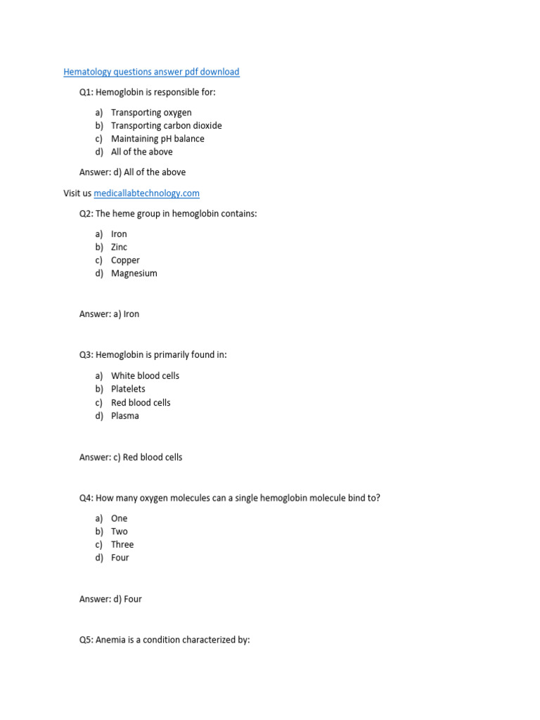 Hemoglobin MCQs with Answers PDF | PDF | Hemoglobin | Blood