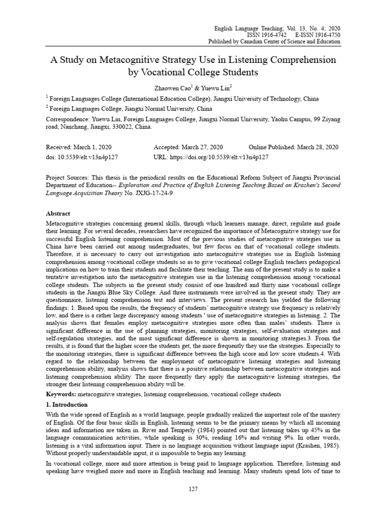 A Study On Metacognitive Strategy Use in Listening | PDF | Reading Comprehension | Metacognition
