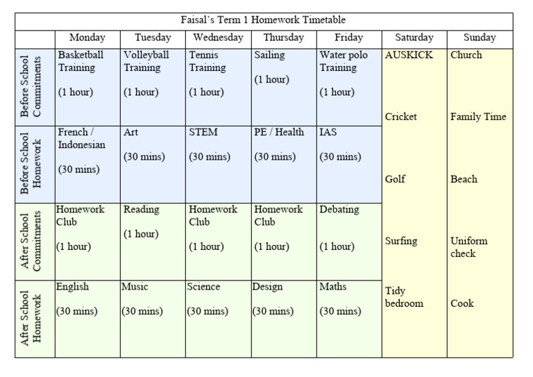Faisal Homework Timetable | PDF