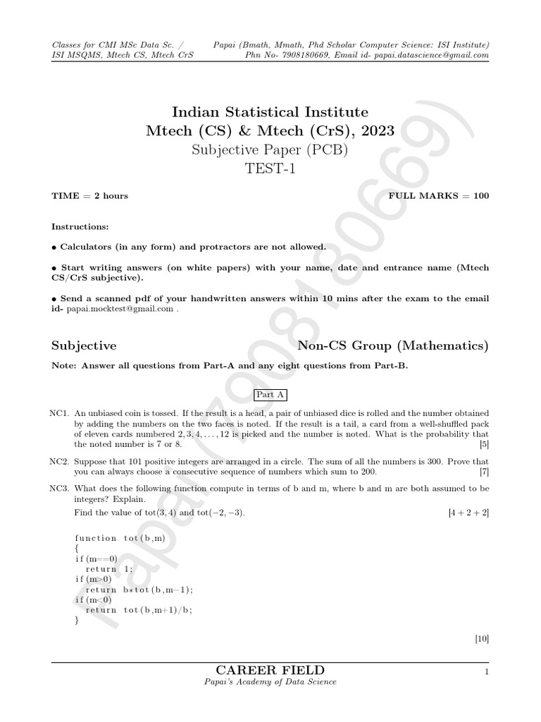 ISI M.Tech CS Entrance Exam Details | PDF | Discrete Mathematics ...