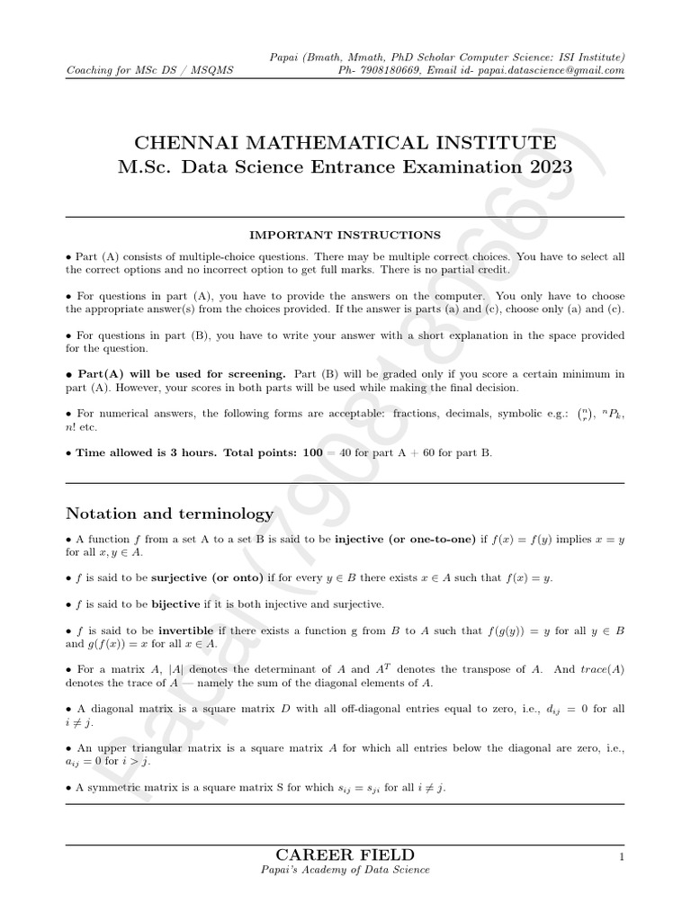 2023 CMI MSC Data Science Mock Test | PDF | Matrix (Mathematics ...