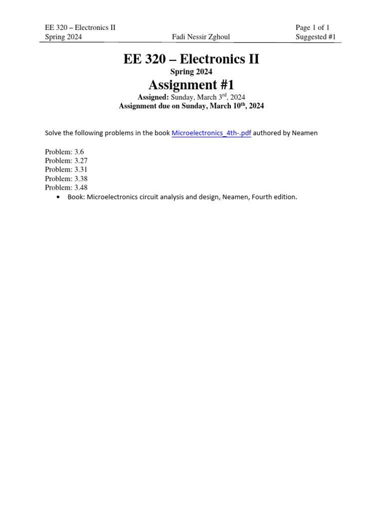 EE 320 Electronics II Assignment 1 | PDF