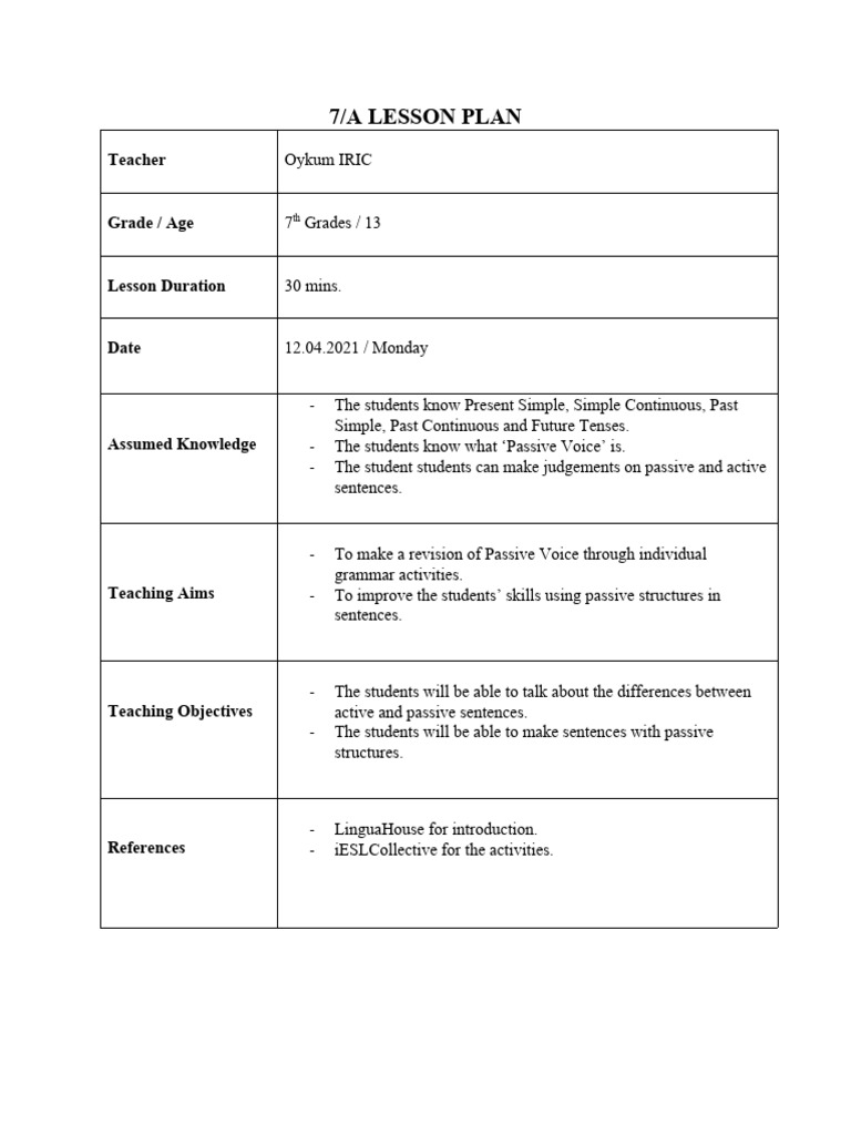 Past Simple Revision Lesson Plan 7th Grade | PDF | Lesson Plan | Teachers