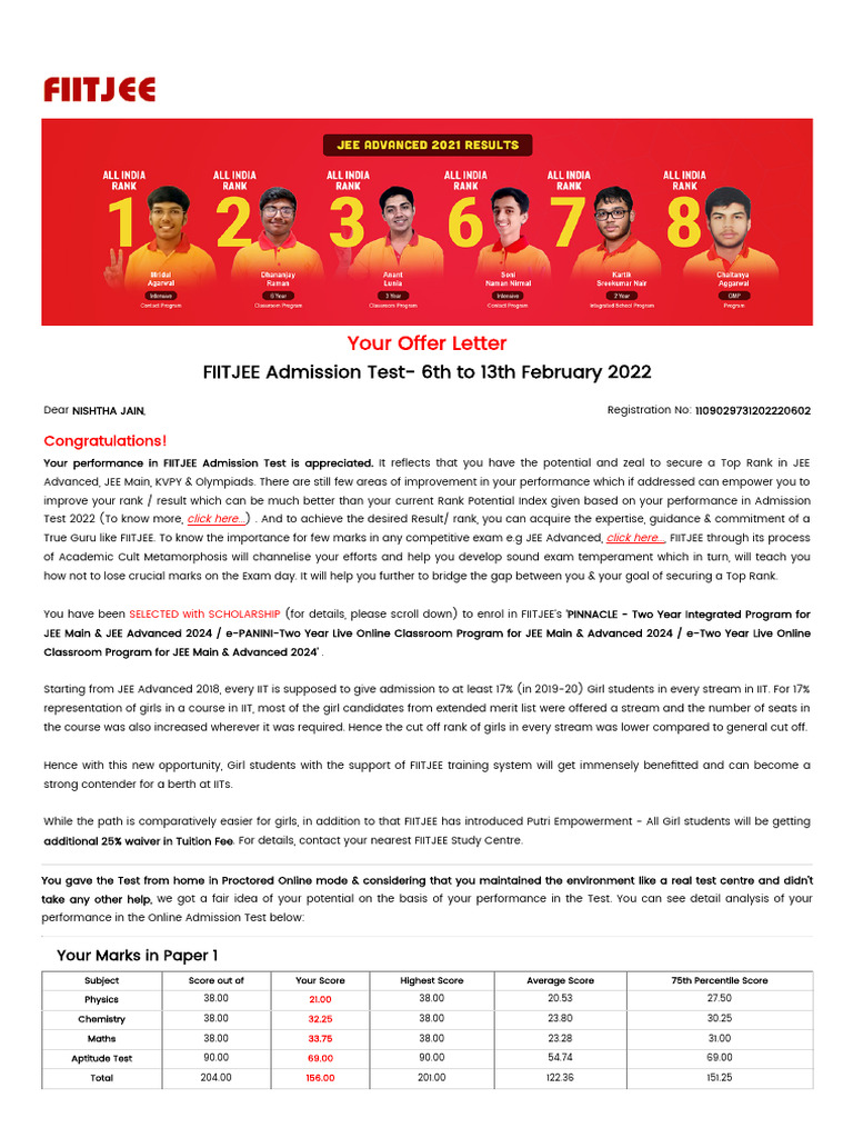 FIITJEE Admission Test - 6th To 13th February 2022 Result | PDF