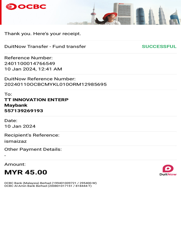 DuitNow Transfer Receipt - MYR 45.00 | PDF