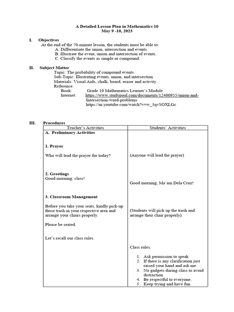 LESSON PLAN OF PROBABILITY OF COMPOUND EVENTS Dela Cruz 1 | PDF ...