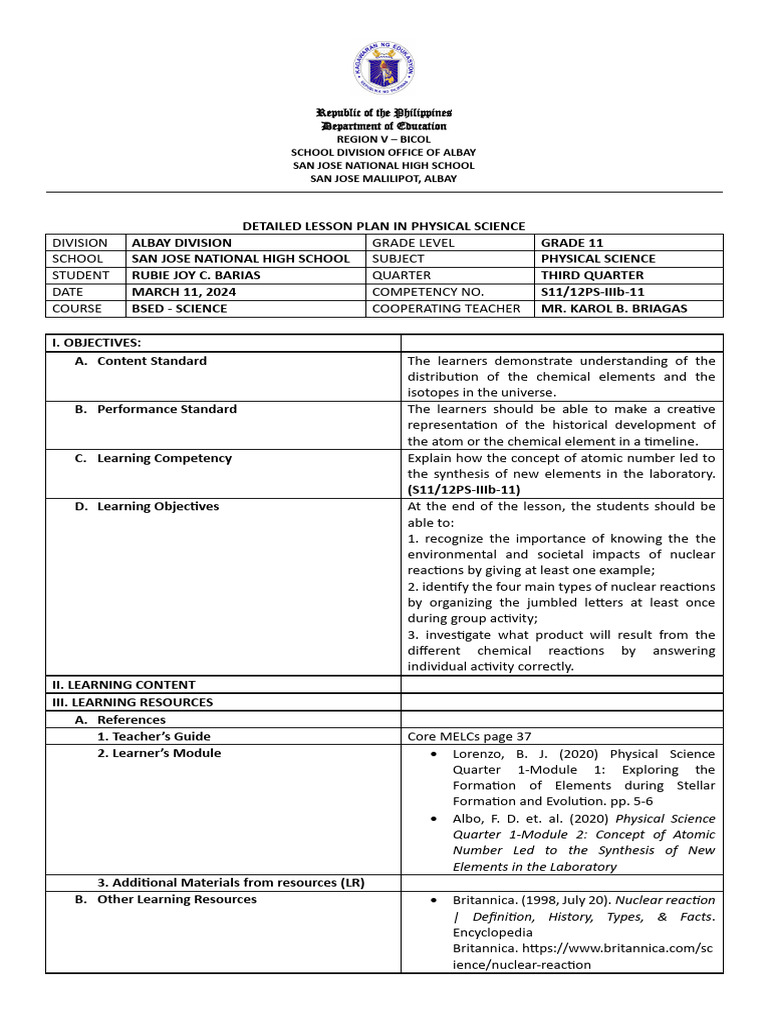 LESSON PLAN_3_Nuclear Reaction (Physical Science) | PDF | Radioactive ...