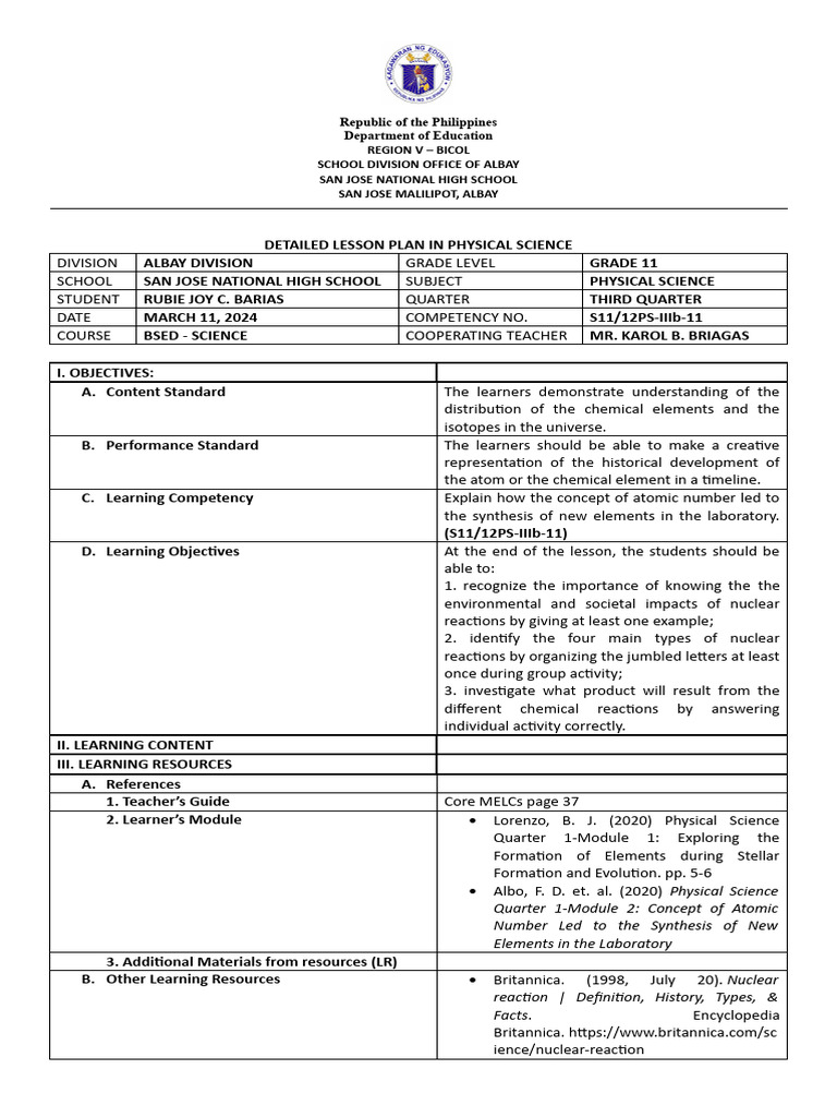 LESSON PLAN - 3 - Nuclear Reaction (Physical Science) | PDF ...
