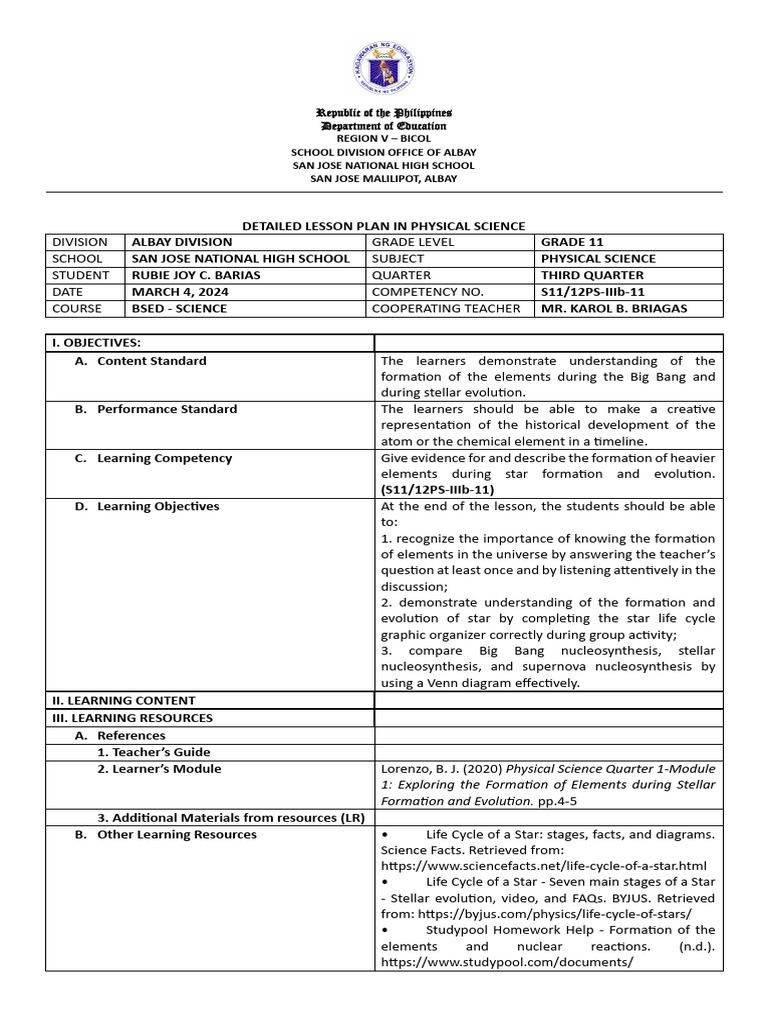 LESSON PLAN - 1 - Formation of Elements Day 1 - Revised (Physical ...