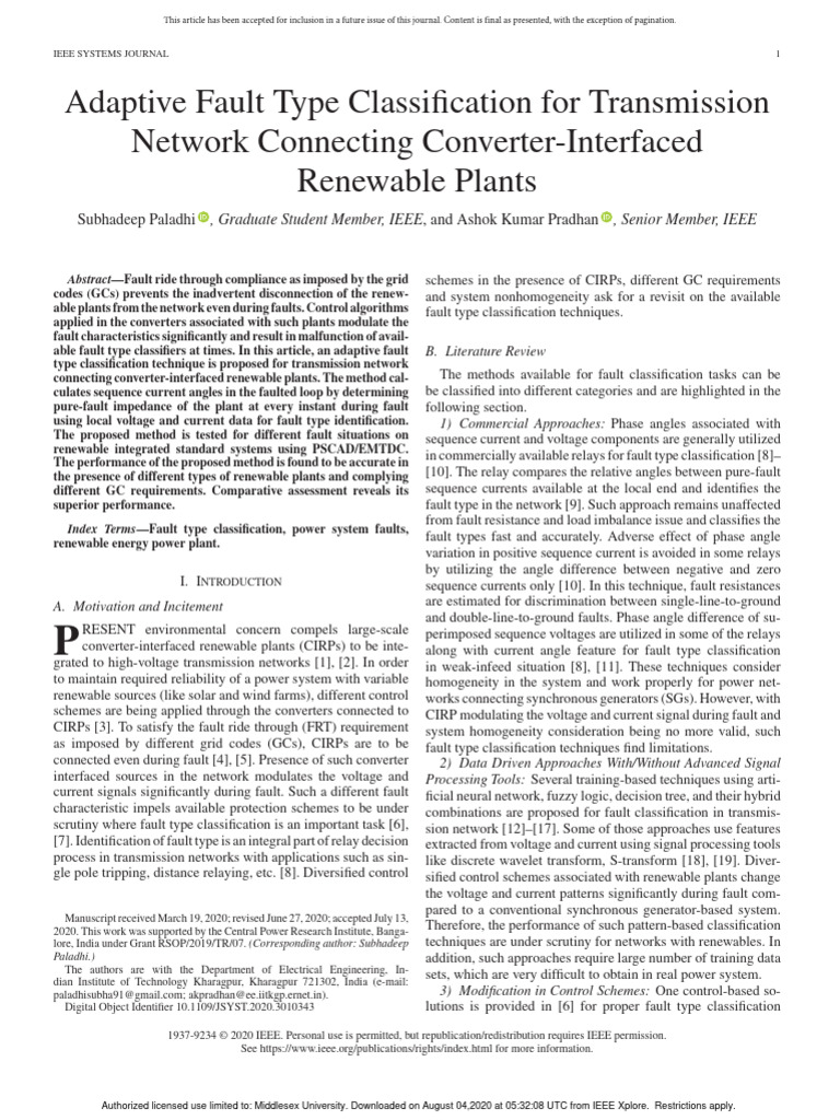 Adaptive Fault Type Classi Cation For Transmission Network Connecting