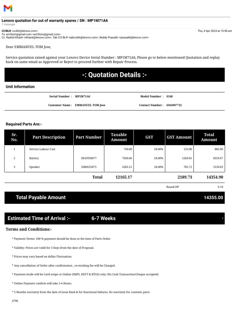 Gmail - Lenovo quotation for out of warranty spares _ SN _ MP1M71A6 (1 ...