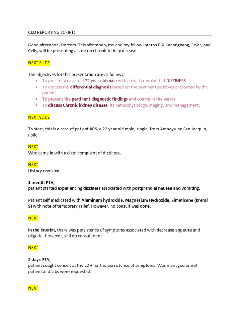 CKD REPORTING SCRIPT | PDF | Chronic Kidney Disease | Kidney