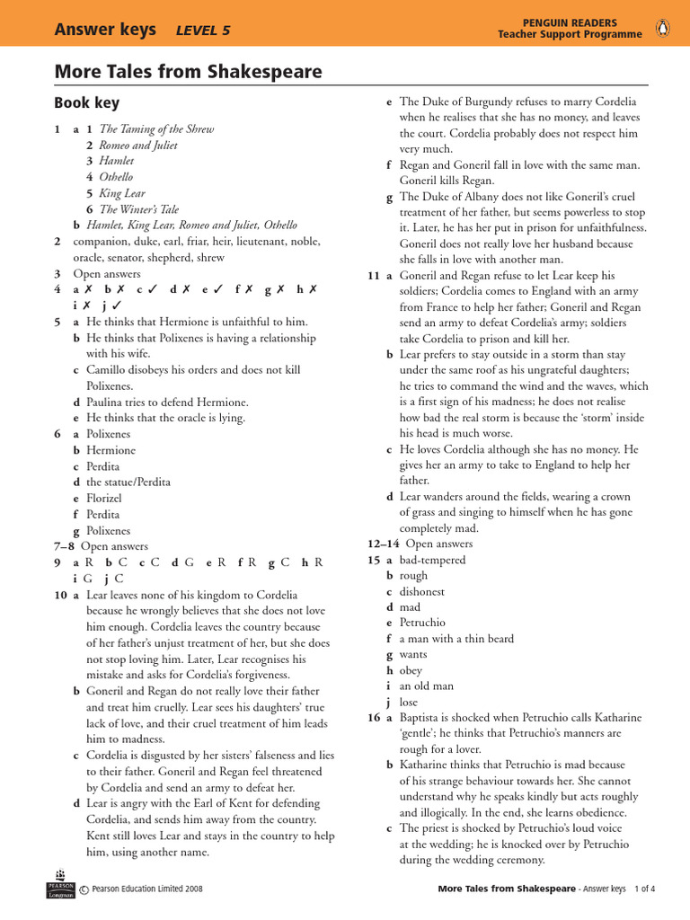 Answer Keys for More Tales from Shakespeare | PDF | Characters In Romeo ...