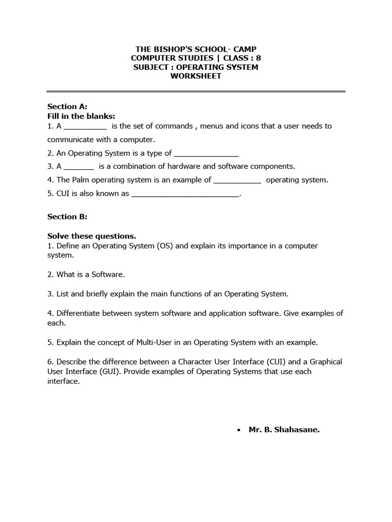 Class 8 Operating System Worksheet | PDF | Technology & Engineering