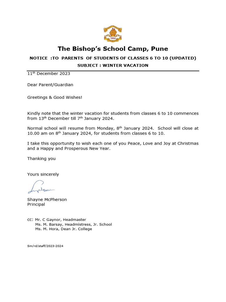 Bishop's School Winter Vacation Notice | PDF | Wellness