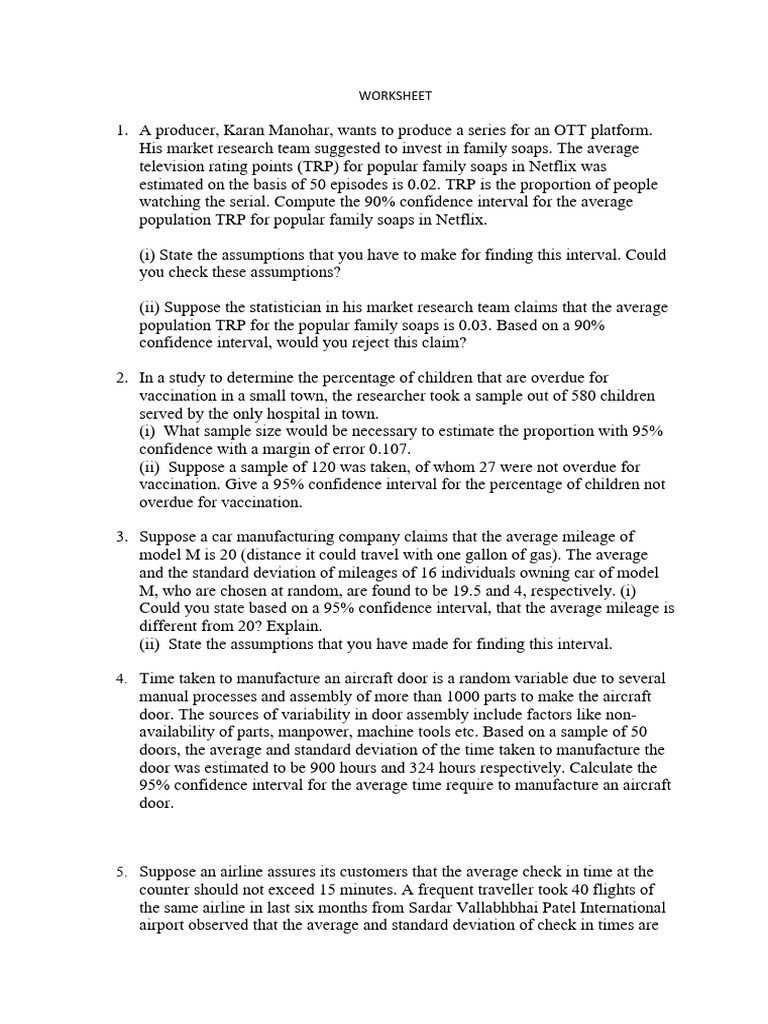 Worksheet - Confidence Interval | PDF | Confidence Interval | Standard Deviation