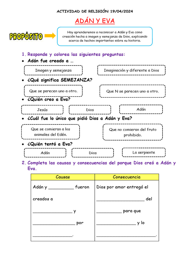 01. Ficha Religion Adan y Eva | PDF