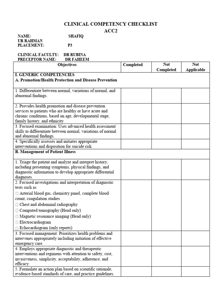 Clinical Competency Checklist | PDF | Caregiver | Clinical Medicine