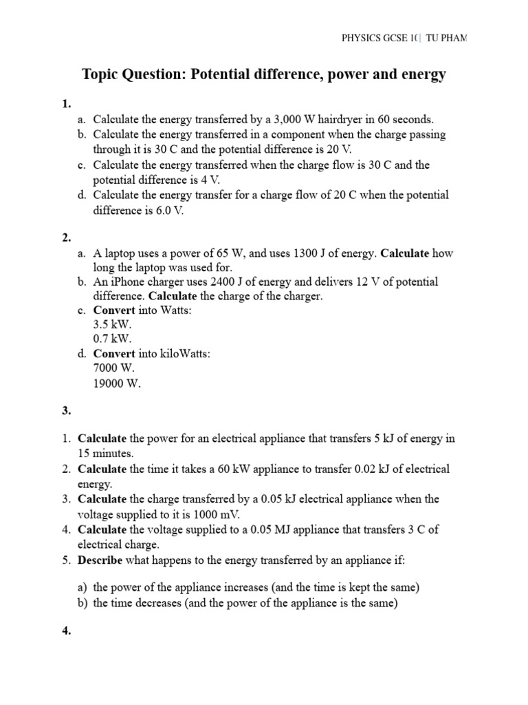 Potential Difference, Power and Energy | PDF | Watt | Voltage