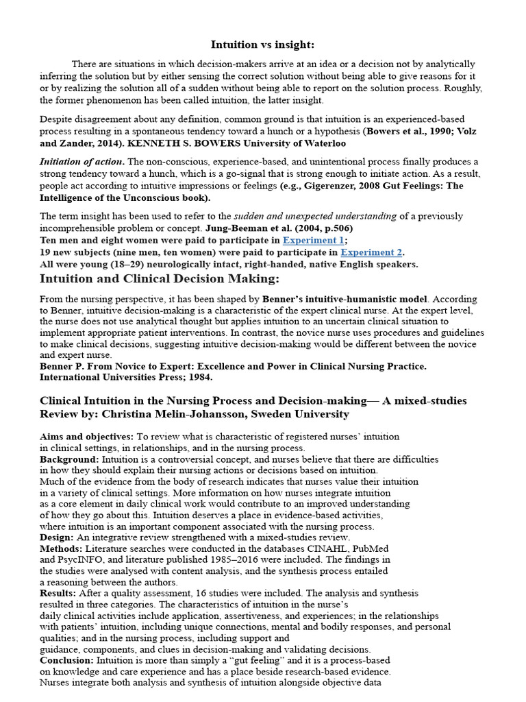 Intuition Vs Insight | Download Free PDF | Nursing | Decision Making