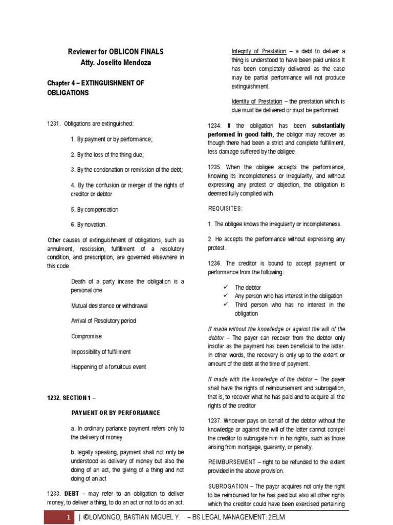 Reviewer For Oblicon Finals | PDF | Debtor | Debt