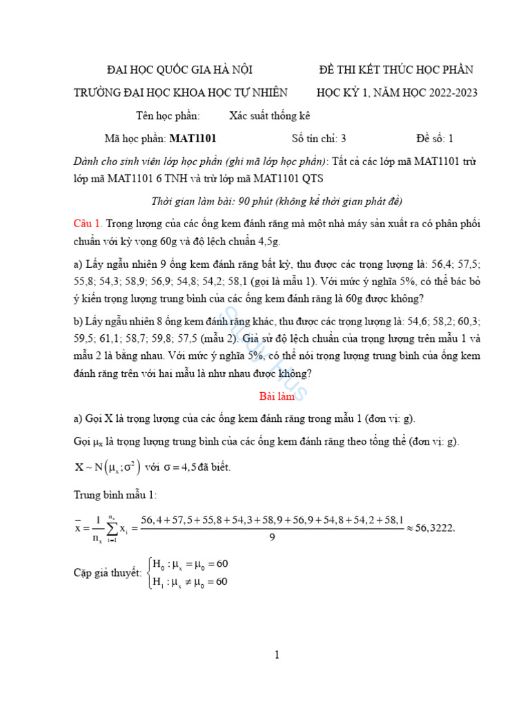 Đề Thi XSTK Kỳ 1 Năm Học 2022 2023 Khoa Ngoài Đề 1 | PDF