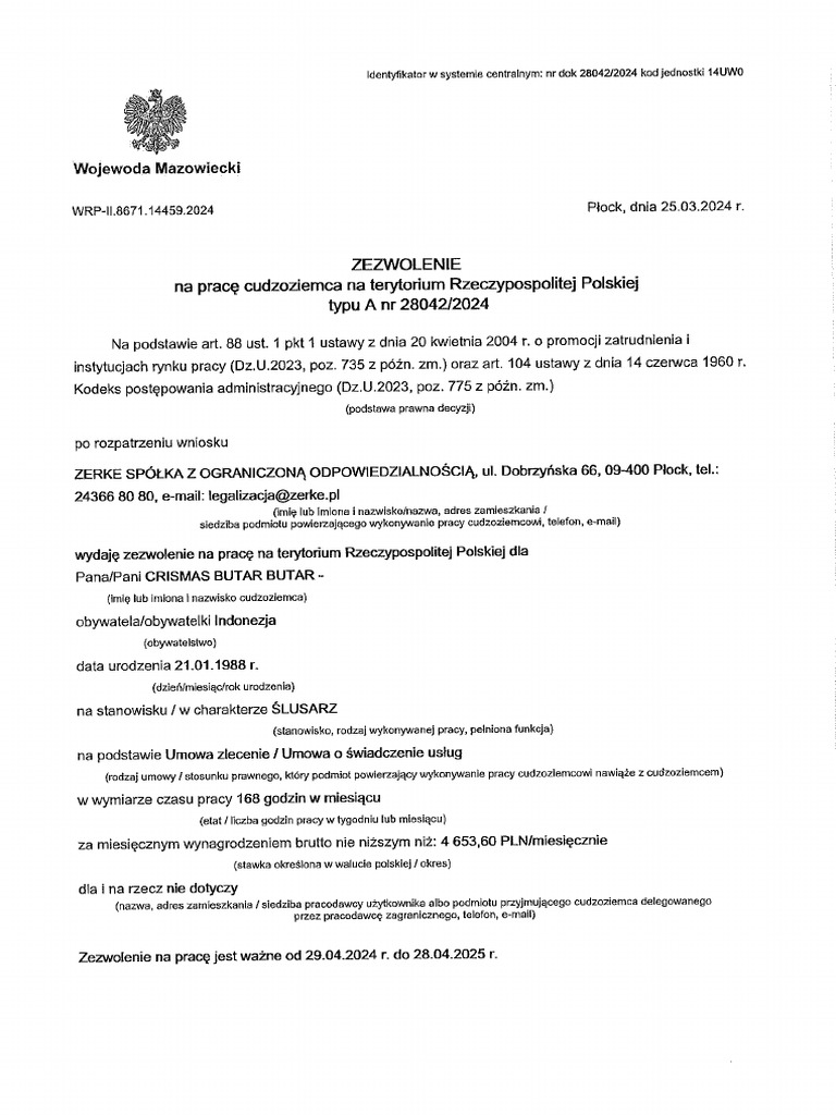 Contoh Working Permit Polandia | PDF