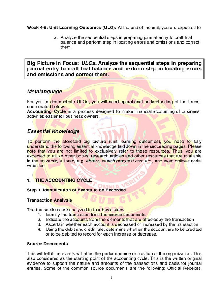 ACC 111 Week-4-5.-ULO-A.-Step-1-to-Step-3-of-Accounting-Cycle-SIM | PDF